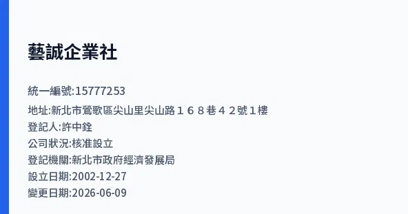 藝誠企業社的照片-統編 15777253(新北市) 公司登記資料與營業項目詳細圖表