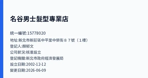 名谷男士髮型專業店的照片-統編 15778020(新北市) 公司登記資料與營業項目詳細圖表