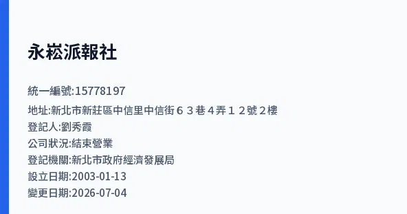 永崧派報社的照片-統編 15778197(新北市) 公司登記資料與營業項目詳細圖表