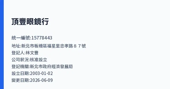 頂豐眼鏡行的照片-統編 15778443(新北市) 公司登記資料與營業項目詳細圖表