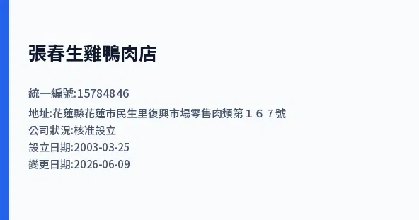 張春生雞鴨肉店的照片-統編 15784846(花蓮縣) 公司登記資料與營業項目詳細圖表
