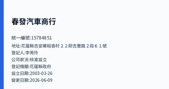 春發汽車商行的照片-統編 15784851(花蓮縣) 公司登記資料與營業項目詳細圖表