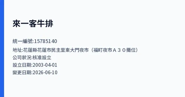 來一客牛排的照片-統編 15785140(花蓮縣) 公司登記資料與營業項目詳細圖表