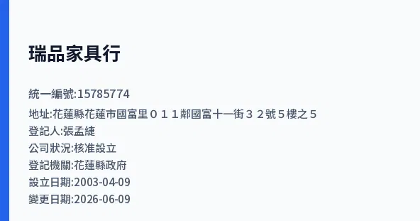 瑞品家具行的照片-統編 15785774(花蓮縣) 公司登記資料與營業項目詳細圖表