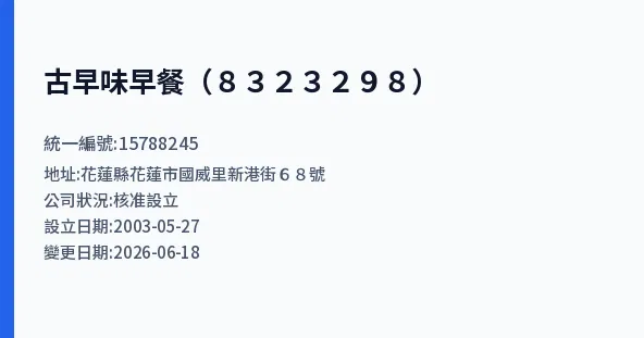 古早味早餐(8323298)的照片-統編 15788245(花蓮縣) 公司登記資料與營業項目詳細圖表