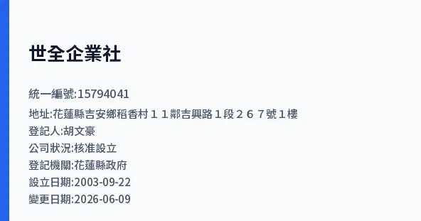 世全企業社的照片-統編 15794041(花蓮縣) 公司登記資料與營業項目詳細圖表