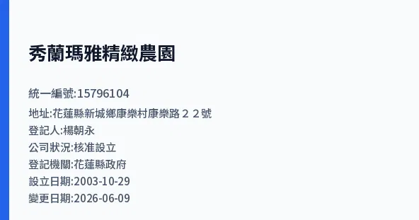 秀蘭瑪雅精緻農園的照片-統編 15796104(花蓮縣) 公司登記資料與營業項目詳細圖表
