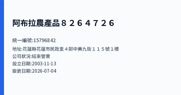 阿布拉農產品8264726的照片-統編 15796842(花蓮縣) 公司登記資料與營業項目詳細圖表