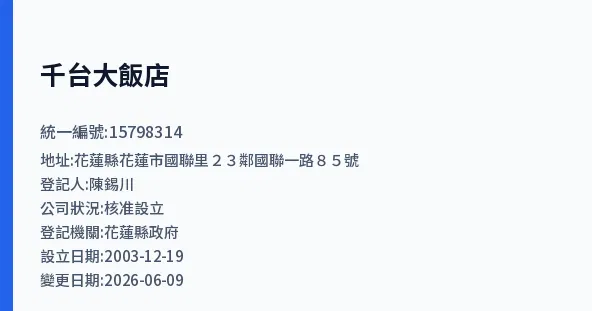 千台大飯店的照片-統編 15798314(花蓮縣) 公司登記資料與營業項目詳細圖表