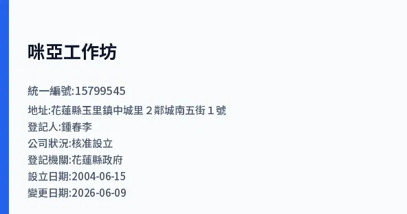 咪亞工作坊的照片-統編 15799545(花蓮縣) 公司登記資料與營業項目詳細圖表