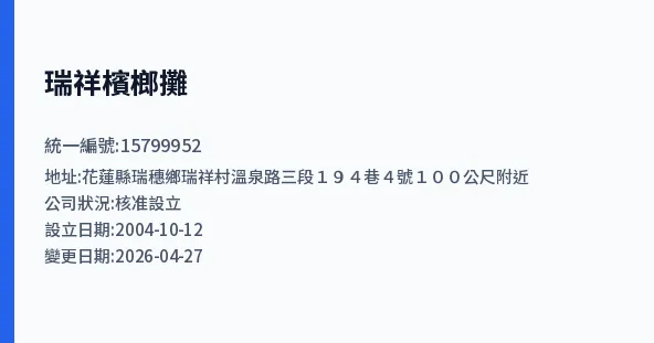 瑞祥檳榔攤的照片-統編 15799952(花蓮縣) 公司登記資料與營業項目詳細圖表