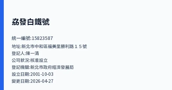 劦發白鐵號的照片-統編 15823587(新北市) 公司登記資料與營業項目詳細圖表