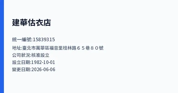 建華估衣店的照片-統編 15839315(臺北市) 公司登記資料與營業項目詳細圖表
