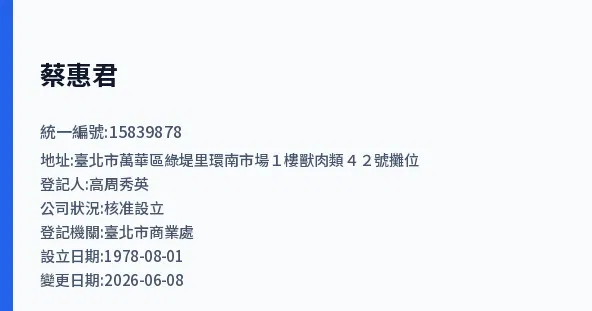 蔡惠君的照片-統編 15839878(臺北市) 公司登記資料與營業項目詳細圖表