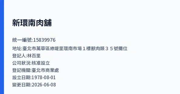新環南肉舖的照片-統編 15839976(臺北市) 公司登記資料與營業項目詳細圖表
