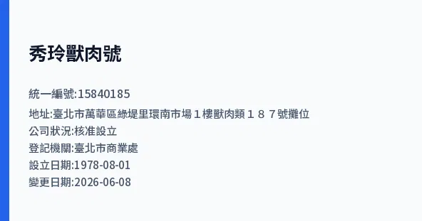秀玲獸肉號的照片-統編 15840185(臺北市) 公司登記資料與營業項目詳細圖表