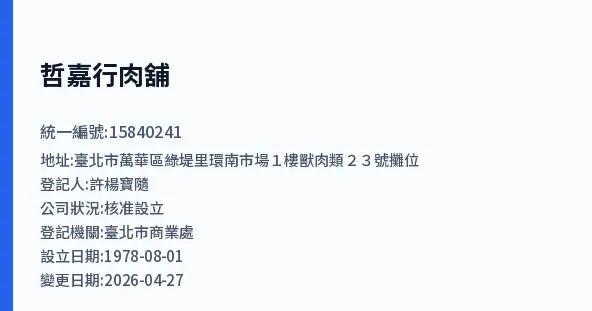哲嘉行肉舖的照片-統編 15840241(臺北市) 公司登記資料與營業項目詳細圖表