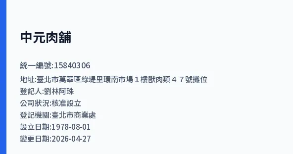 中元肉舖的照片-統編 15840306(臺北市) 公司登記資料與營業項目詳細圖表