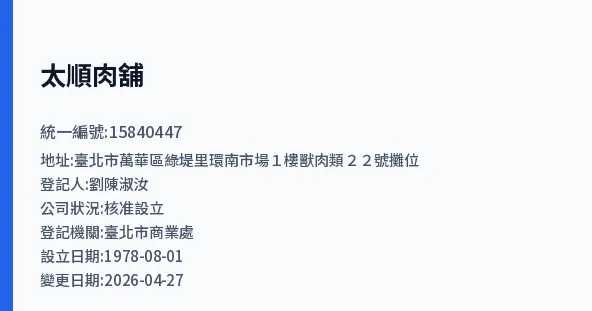 太順肉舖的照片-統編 15840447(臺北市) 公司登記資料與營業項目詳細圖表