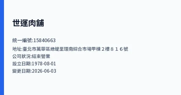 世運肉舖的照片-統編 15840663(臺北市) 公司登記資料與營業項目詳細圖表