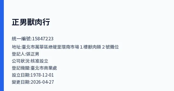 正男獸肉行的照片-統編 15847223(臺北市) 公司登記資料與營業項目詳細圖表