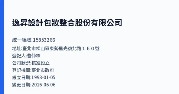 逸昇設計包妝整合股份有限公司的照片-統編 15853266(臺北市) 公司登記資料與營業項目詳細圖表