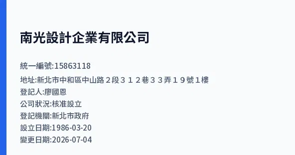 南光設計企業有限公司的照片-統編 15863118(新北市) 公司登記資料與營業項目詳細圖表