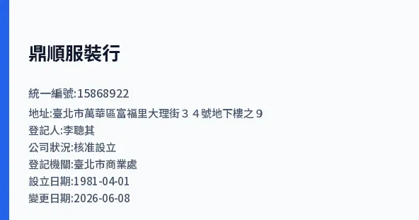 鼎順服裝行的照片-統編 15868922(臺北市) 公司登記資料與營業項目詳細圖表