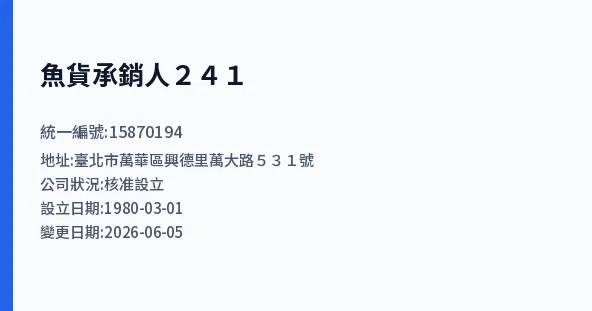 魚貨承銷人241的照片-統編 15870194(臺北市) 公司登記資料與營業項目詳細圖表