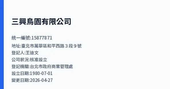 三興鳥園有限公司的照片-統編 15877871(臺北市) 公司登記資料與營業項目詳細圖表