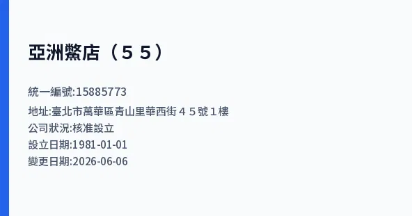 亞洲鱉店(55)的照片-統編 15885773(臺北市) 公司登記資料與營業項目詳細圖表