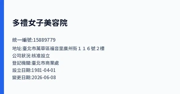 多禮女子美容院的照片-統編 15889779(臺北市) 公司登記資料與營業項目詳細圖表