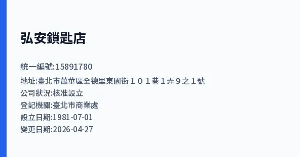 弘安鎖匙店的照片-統編 15891780(臺北市) 公司登記資料與營業項目詳細圖表