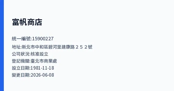 富帆商店的照片-統編 15900227(新北市) 公司登記資料與營業項目詳細圖表