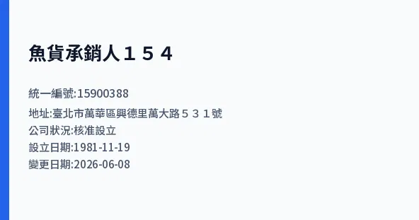 魚貨承銷人154的照片-統編 15900388(臺北市) 公司登記資料與營業項目詳細圖表