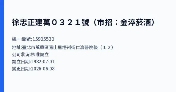 徐忠正建萬0321號(市招:金淬菸酒)的照片-統編 15905530(臺北市) 公司登記資料與營業項目詳細圖表