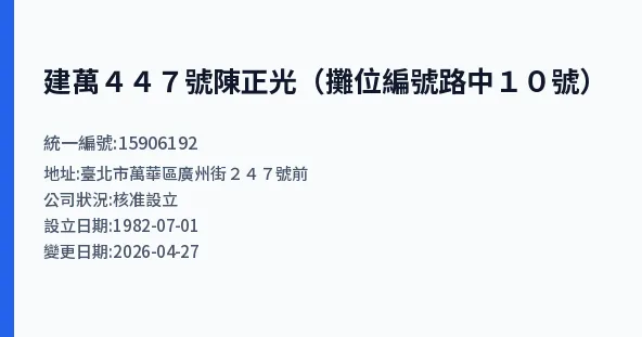 建萬447號陳正光(攤位編號路中10號)的照片-統編 15906192(臺北市) 公司登記資料與營業項目詳細圖表