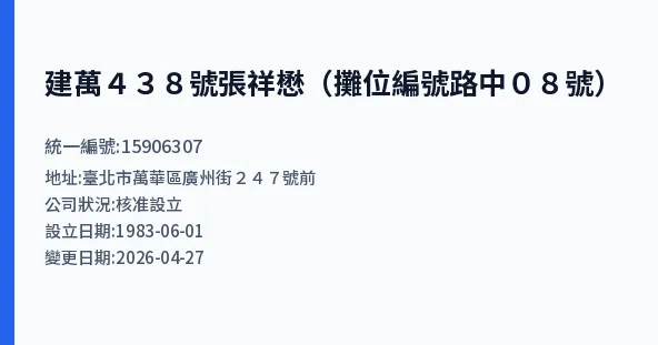 建萬438號張祥懋(攤位編號路中08號)的照片-統編 15906307(臺北市) 公司登記資料與營業項目詳細圖表