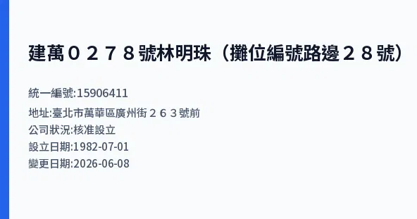 建萬0278號林明珠(攤位編號路邊28號)的照片-統編 15906411(臺北市) 公司登記資料與營業項目詳細圖表
