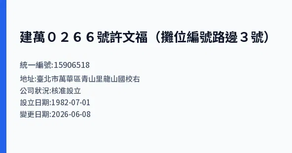 建萬0266號許文福(攤位編號路邊3號)的照片-統編 15906518(臺北市) 公司登記資料與營業項目詳細圖表