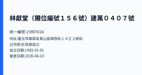 林獻堂(攤位編號156號)建萬0407號的照片-統編 15907024(臺北市) 公司登記資料與營業項目詳細圖表