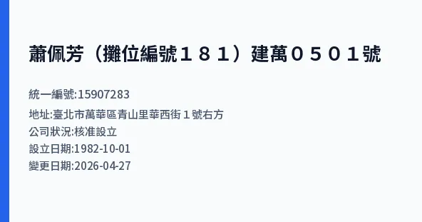 蕭佩芳(攤位編號181)建萬0501號的照片-統編 15907283(臺北市) 公司登記資料與營業項目詳細圖表