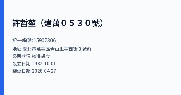 許哲堃(建萬0530號)的照片-統編 15907306(臺北市) 公司登記資料與營業項目詳細圖表