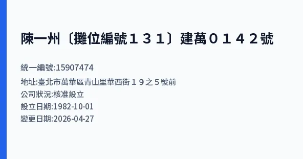 陳一州〔攤位編號131〕建萬0142號的照片-統編 15907474(臺北市) 公司登記資料與營業項目詳細圖表