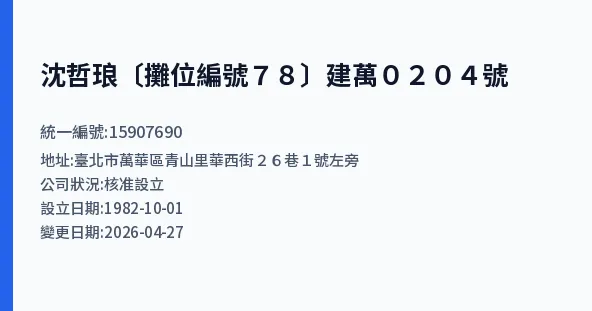 沈哲琅〔攤位編號78〕建萬0204號的照片-統編 15907690(臺北市) 公司登記資料與營業項目詳細圖表