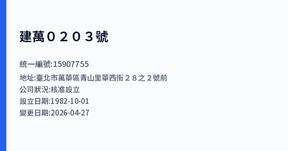 建萬0203號的照片-統編 15907755(臺北市) 公司登記資料與營業項目詳細圖表