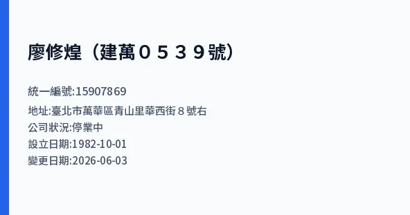 廖修煌(建萬0539號)的照片-統編 15907869(臺北市) 公司登記資料與營業項目詳細圖表