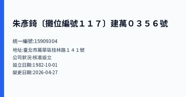 朱彥錡〔攤位編號117〕建萬0356號的照片-統編 15909304(臺北市) 公司登記資料與營業項目詳細圖表