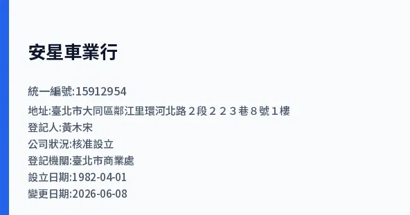 安星車業行的照片-統編 15912954(臺北市) 公司登記資料與營業項目詳細圖表