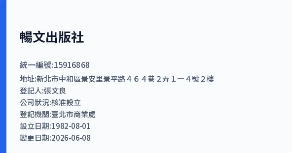 暢文出版社的照片-統編 15916868(新北市) 公司登記資料與營業項目詳細圖表